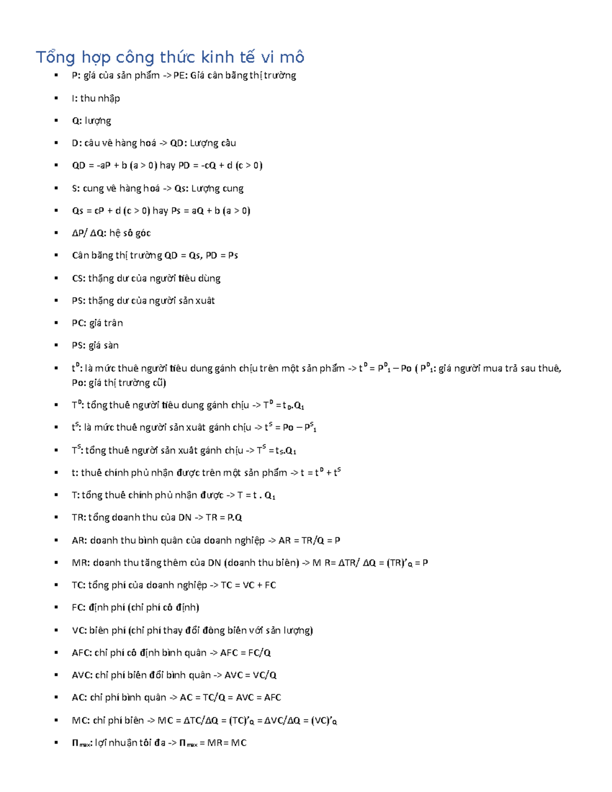 CT KTVM - Cthuc - Tổng hợp công thức kinh tế vi mô P: giá c a s n ph m -> PE: Giá cân bằằng th ...