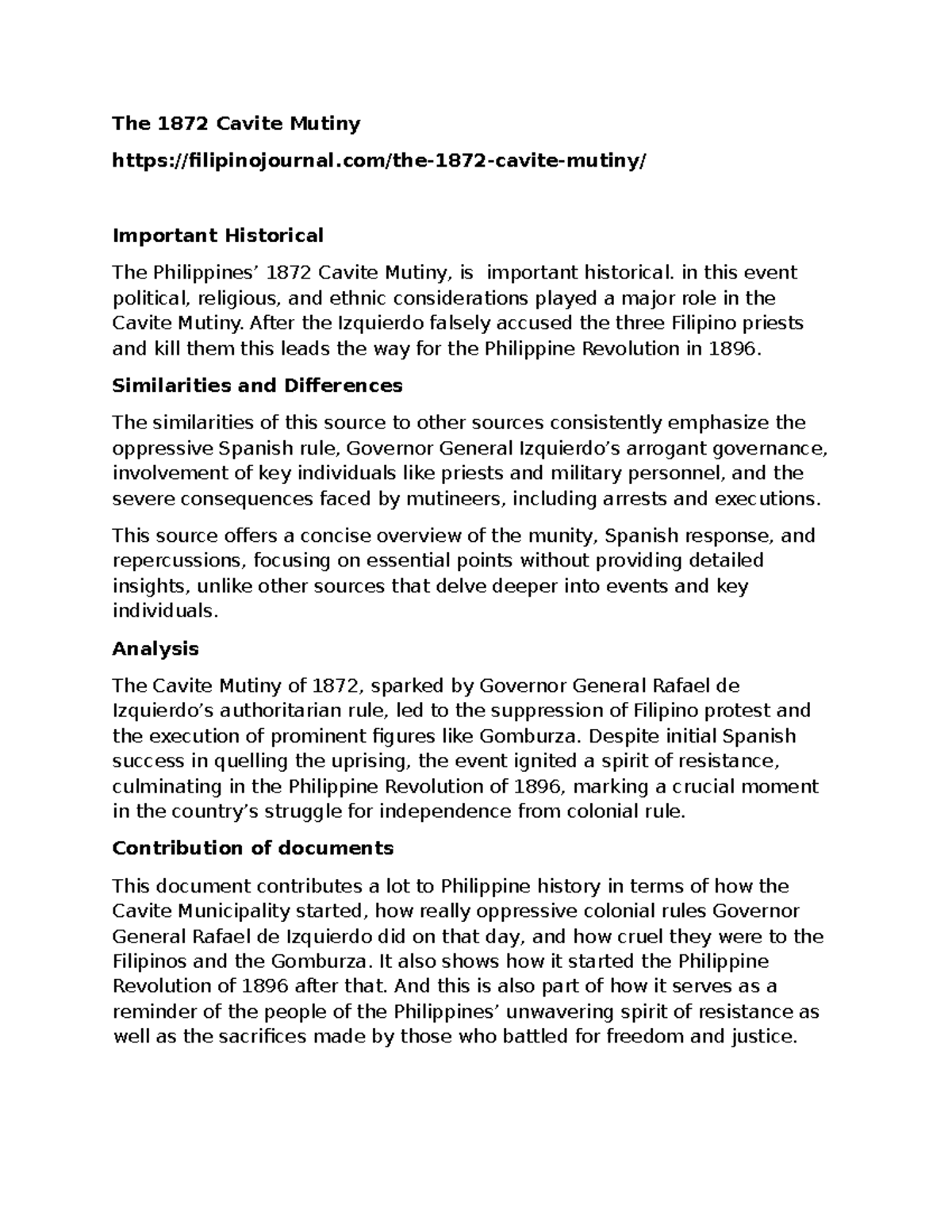 Summary of Historical Event - The 1872 Cavite Mutiny filipinojournal ...