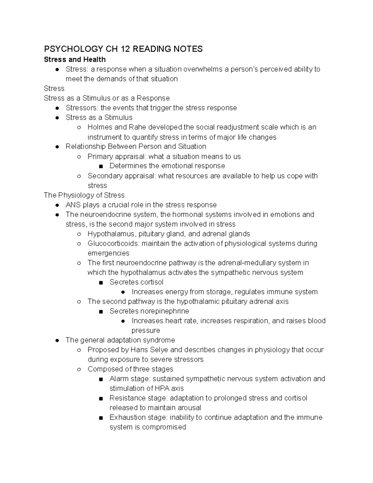 Psychology CH 12 Reading Notes - PSYCHOLOGY CH 12 READING NOTES Stress ...