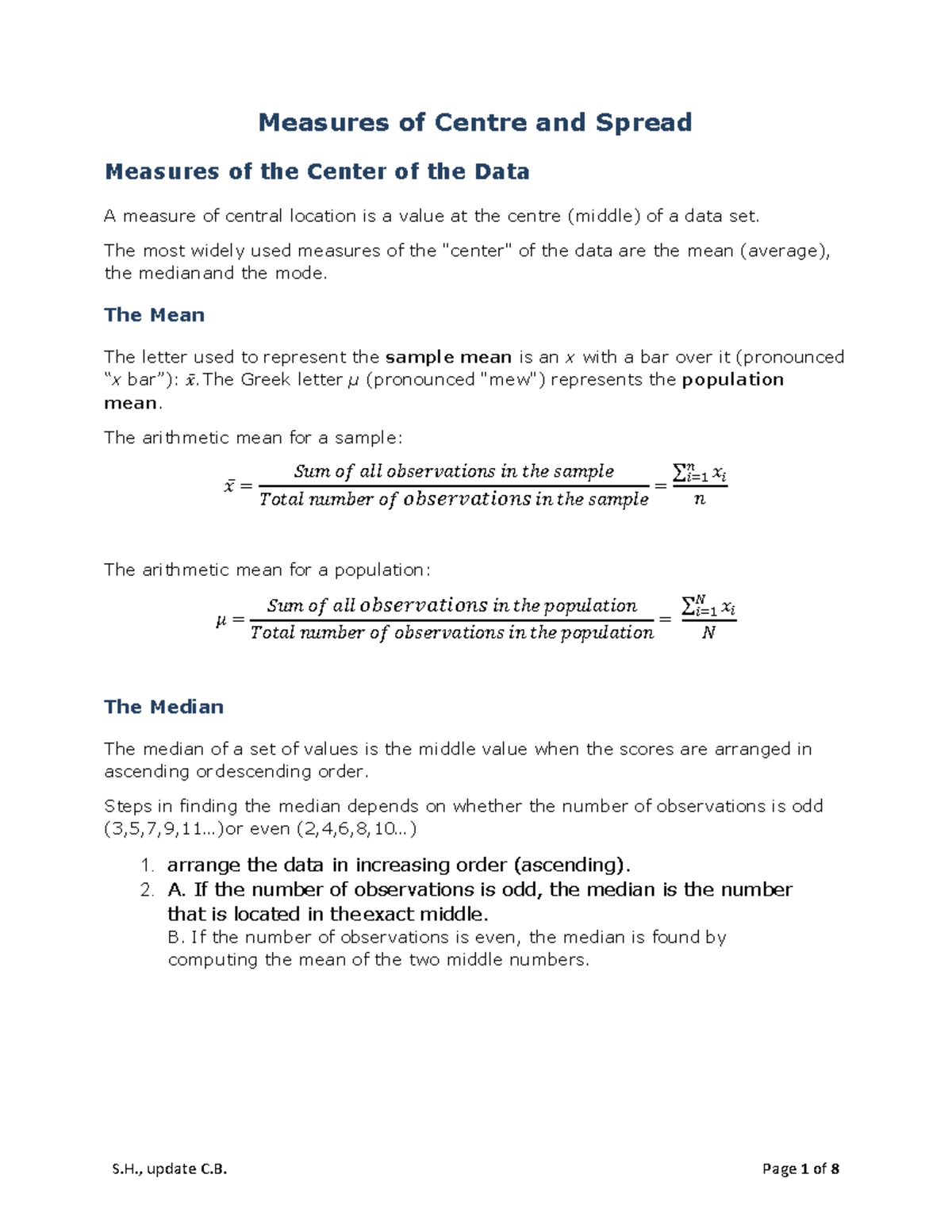 03 - Measures of Centre and Spread - Measures of Centre and Spread ...
