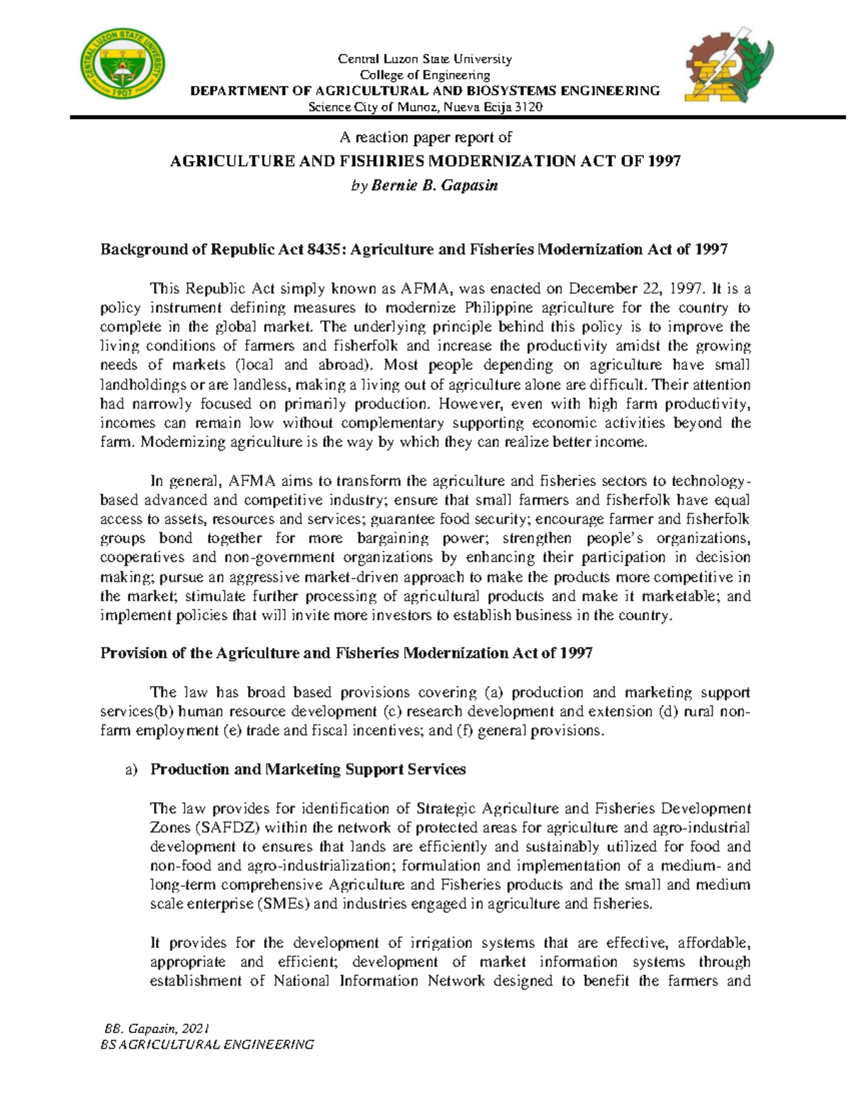 Gapasin ABE 2427 EX 2 - Central Luzon State University College of ...