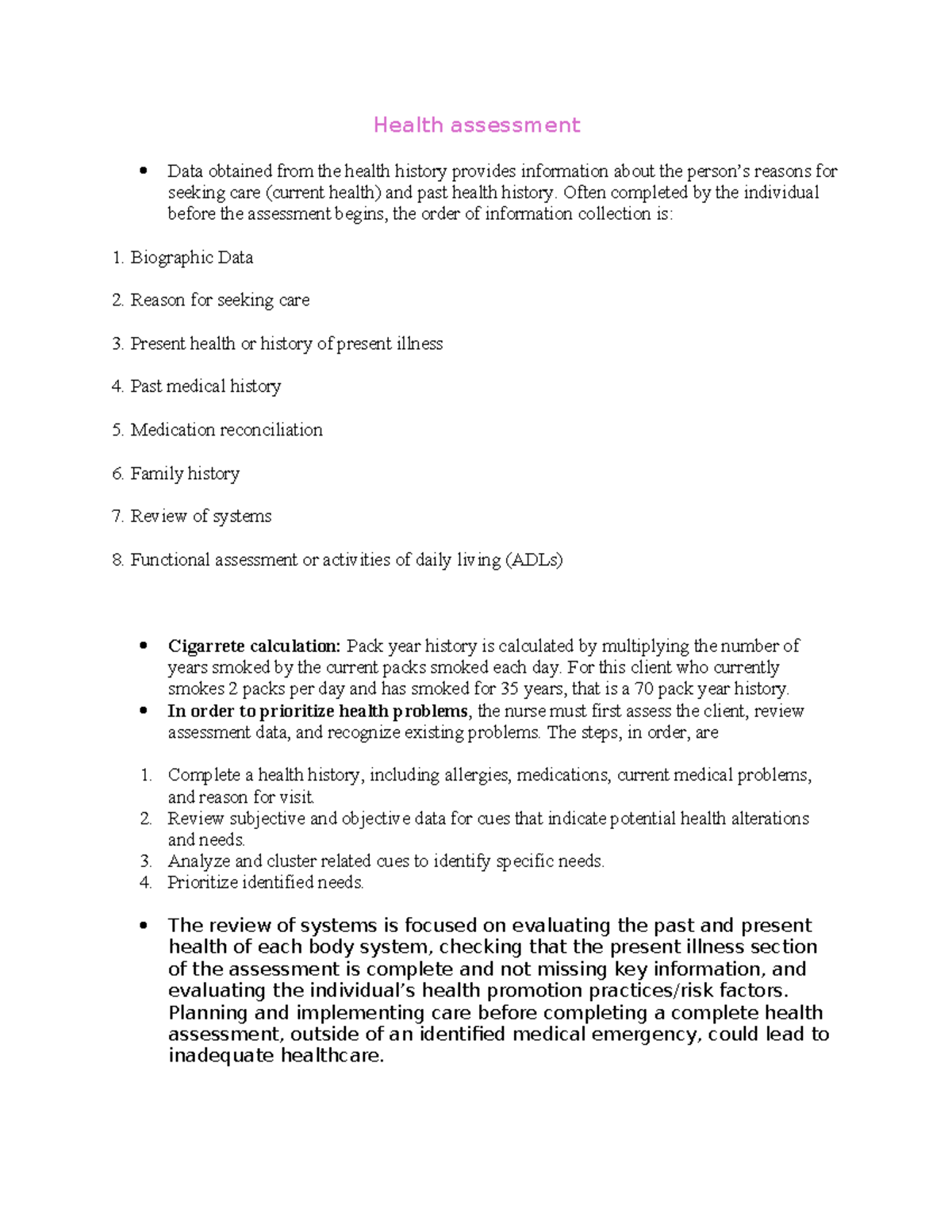 Health assessment study guide - Health assessment Data obtained from ...