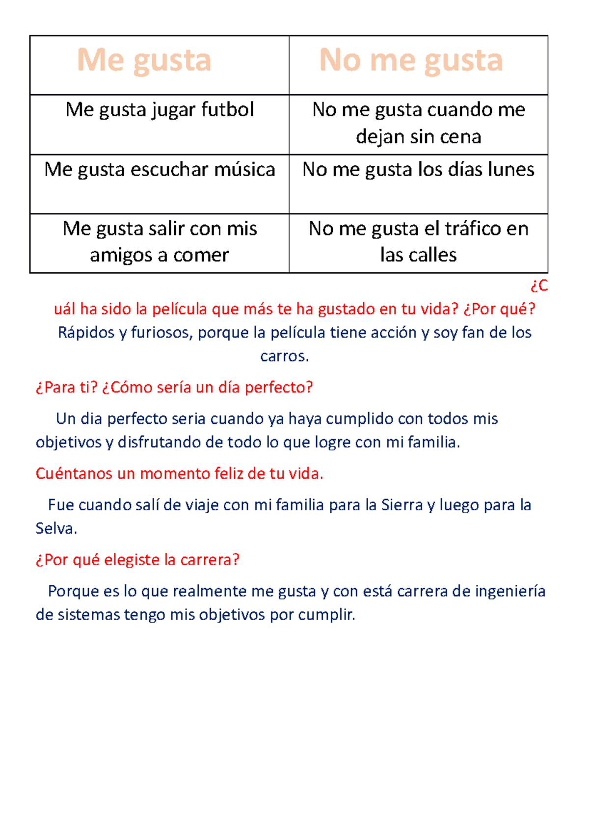 IVU Actividad 1 - Me gusta No me gusta Me gusta jugar futbol No me ...