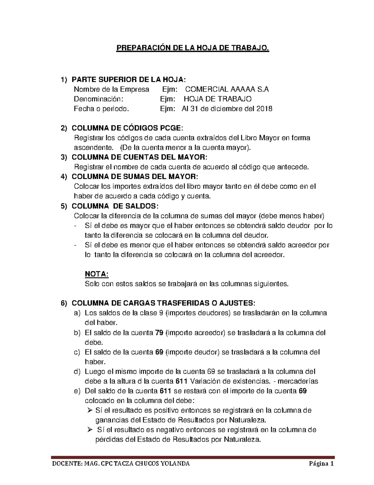 Preparación DE LA HOJA DE Trabajo - DOCENTE: MAG. CPC TACZA CHUCOS ...