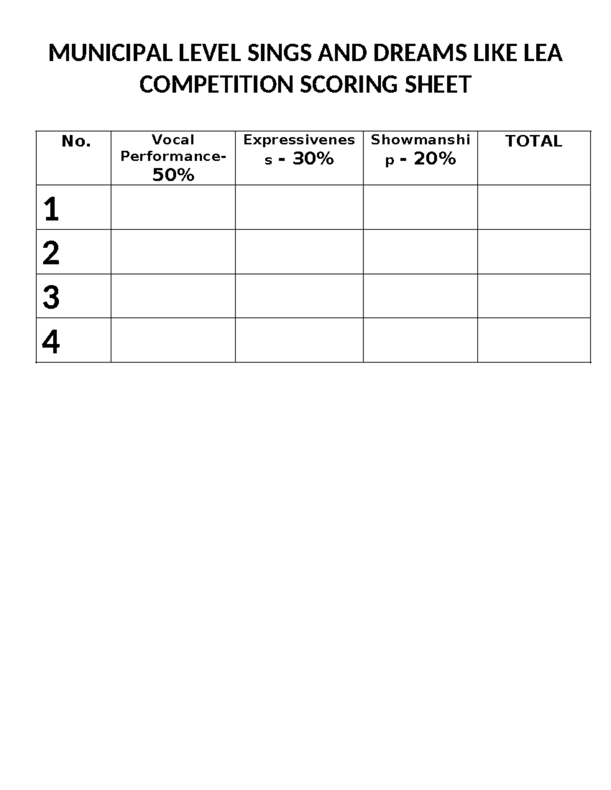 Sings AND Dreams LIKE LEA scoring sheet - The Teacher and the School ...