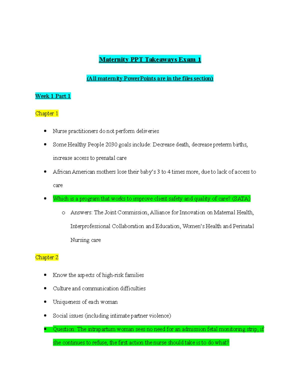 Maternity PPT Takeaways Exam 1 - Know how to use the GTPAL system o G ...