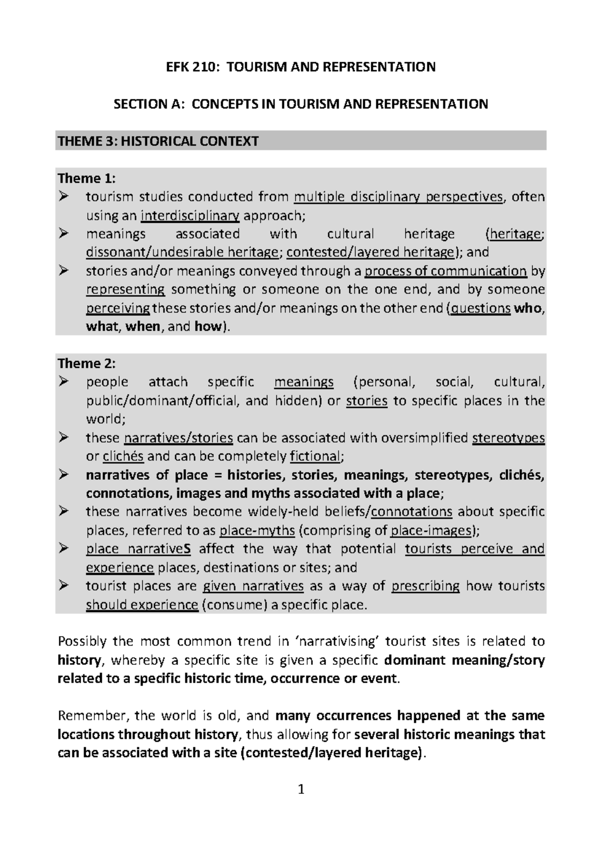 EFK210 Theme 3 Framework 2022 - EFK 210: TOURISM AND REPRESENTATION SECTION A: CONCEPTS IN ...