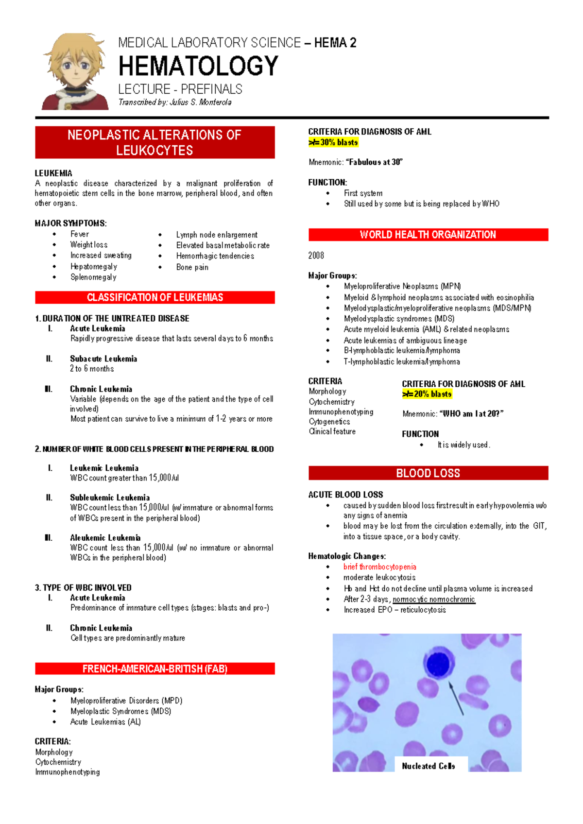 SIDE- Notes-HEMA2 - MEDICAL LABORATORY SCIENCE – HEMA 2 HEMATOLOGY ...