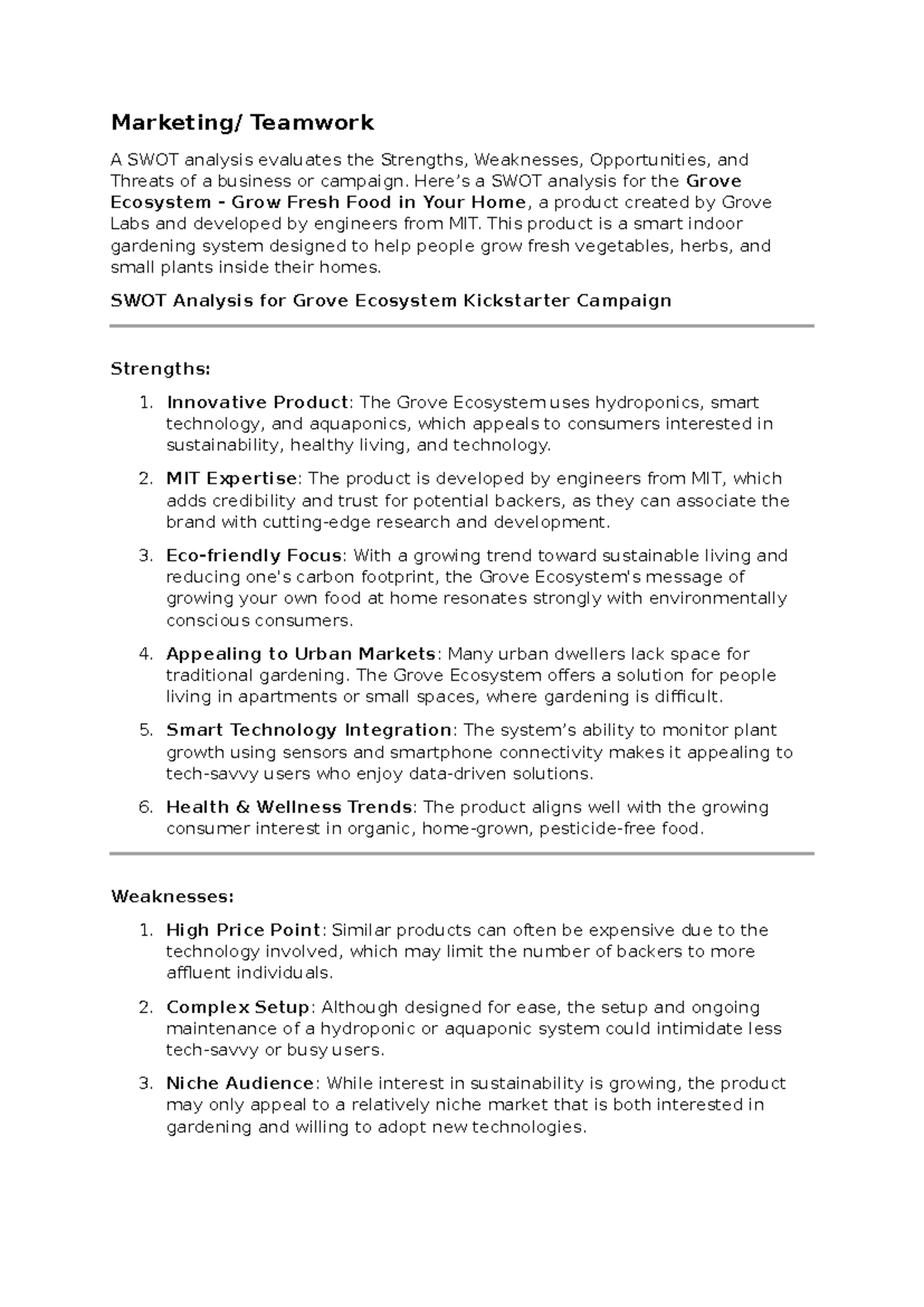 Marketing SWOT chat gpt - Marketing/ Teamwork A SWOT analysis evaluates ...