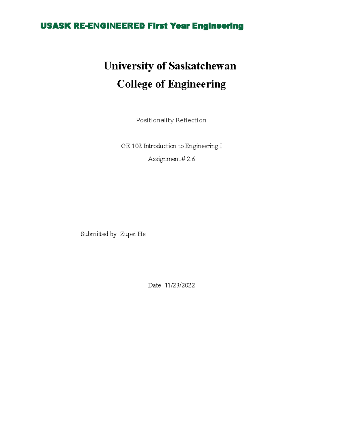 GE 102 General Cover Page and assignment - University of Saskatchewan ...