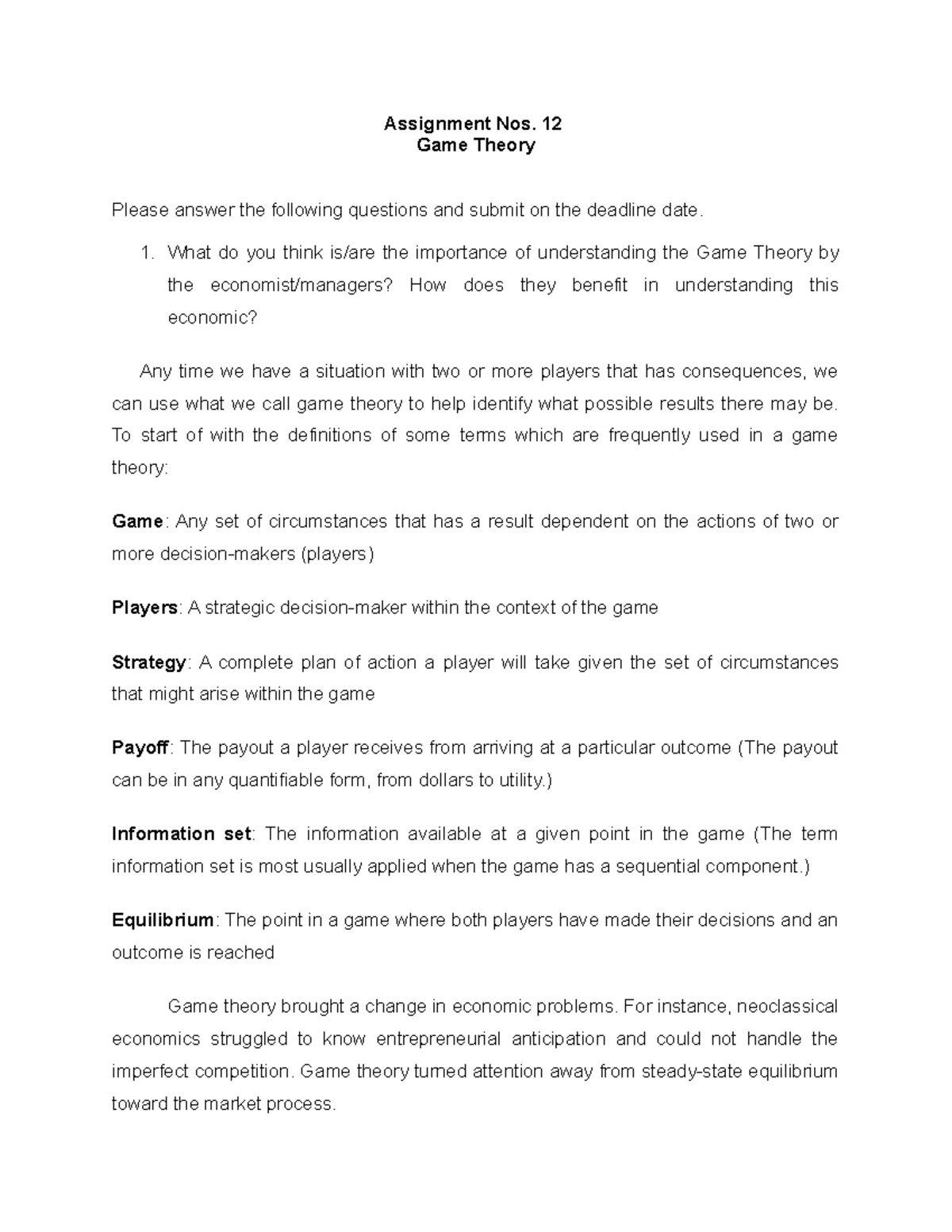 Assignment Nos. 12 Game Theory - Assignment Nos. 12 Game Theory Please ...