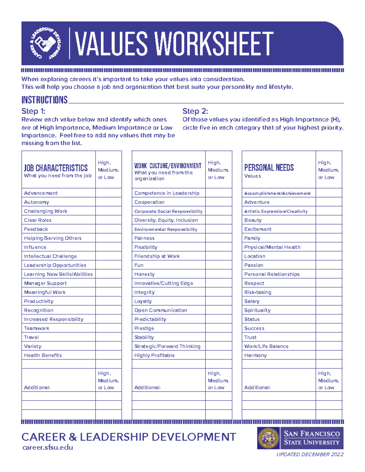 Values Worksheet - Final - VALUES WORKSHEET When exploring careers it's ...