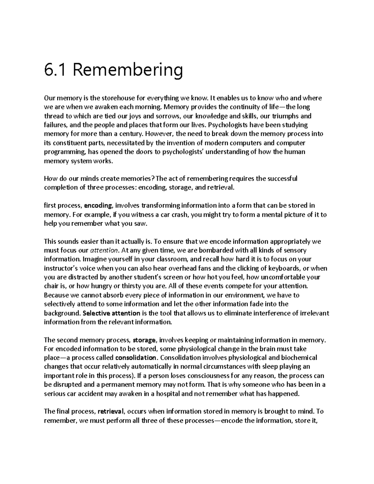Chapter 6.1 Remembering - psychology - 6 Remembering Our memory is the ...