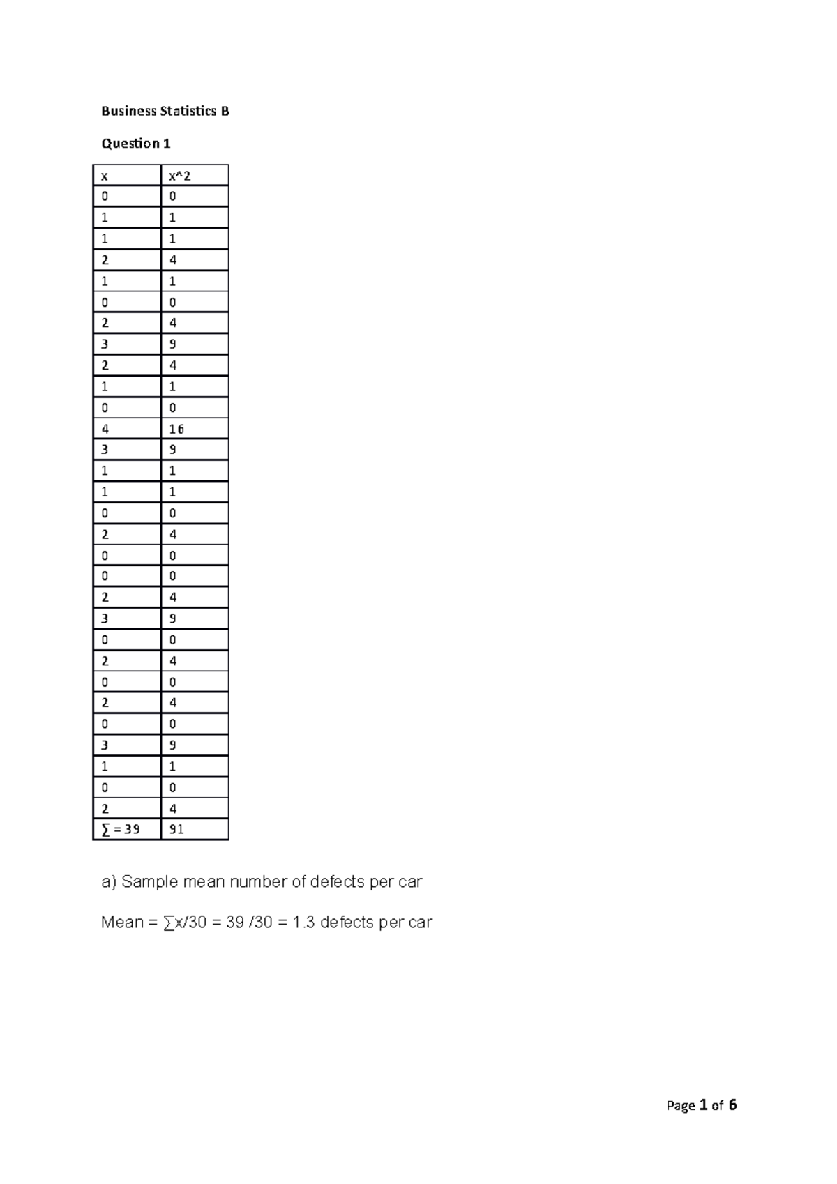 Assignment 1 ABA3692 2019 Solutions - Business Statistics B a) Sample mean number of defects per ...