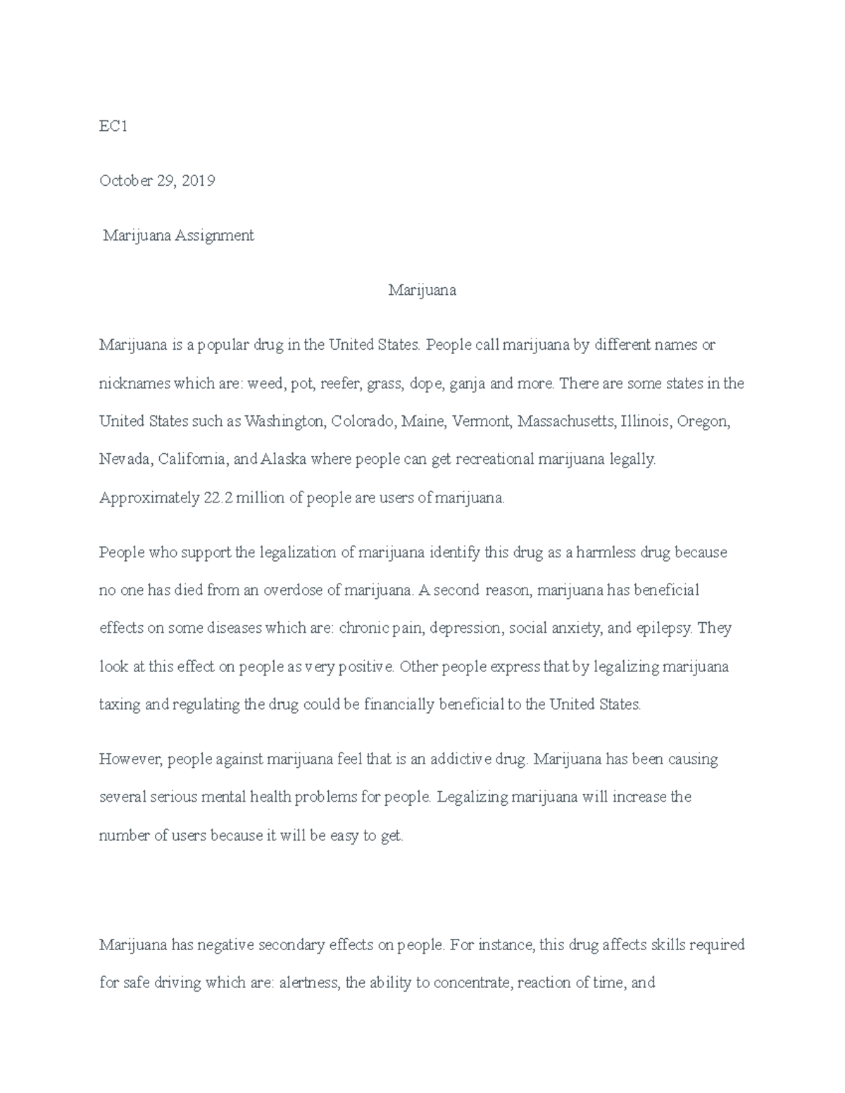 Marijuana - Grade: A - EC October 29, 2019 Marijuana Assignment ...