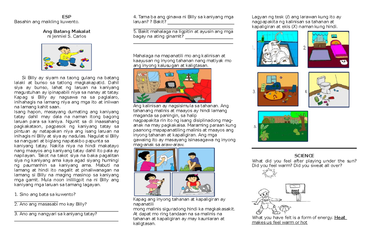 Module - ESP Basahin ang maikling kuwento. Ang Batang Makalat ni ...