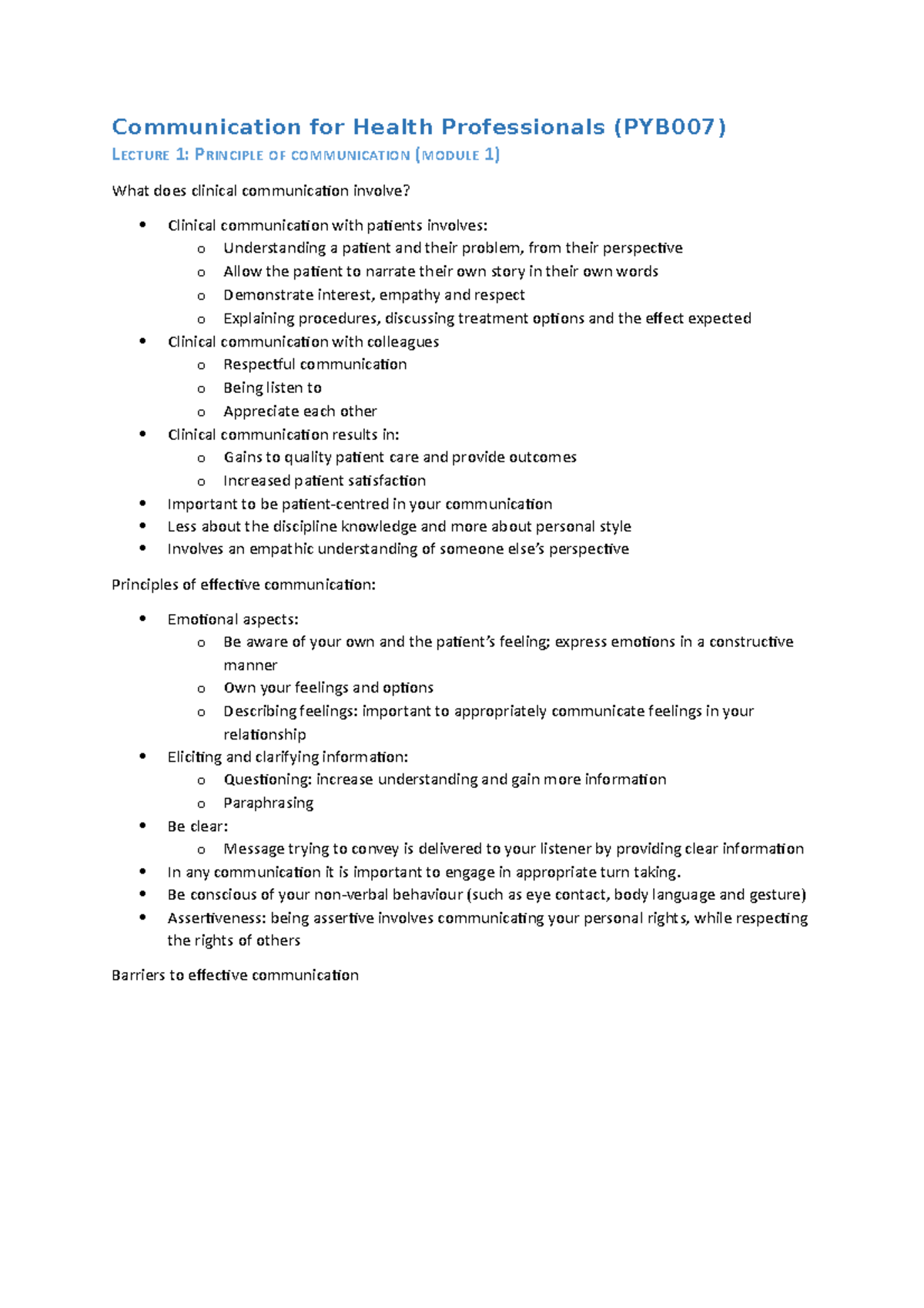 PYB007 Communication for Health Professionals Lecture 1-7 notes ...