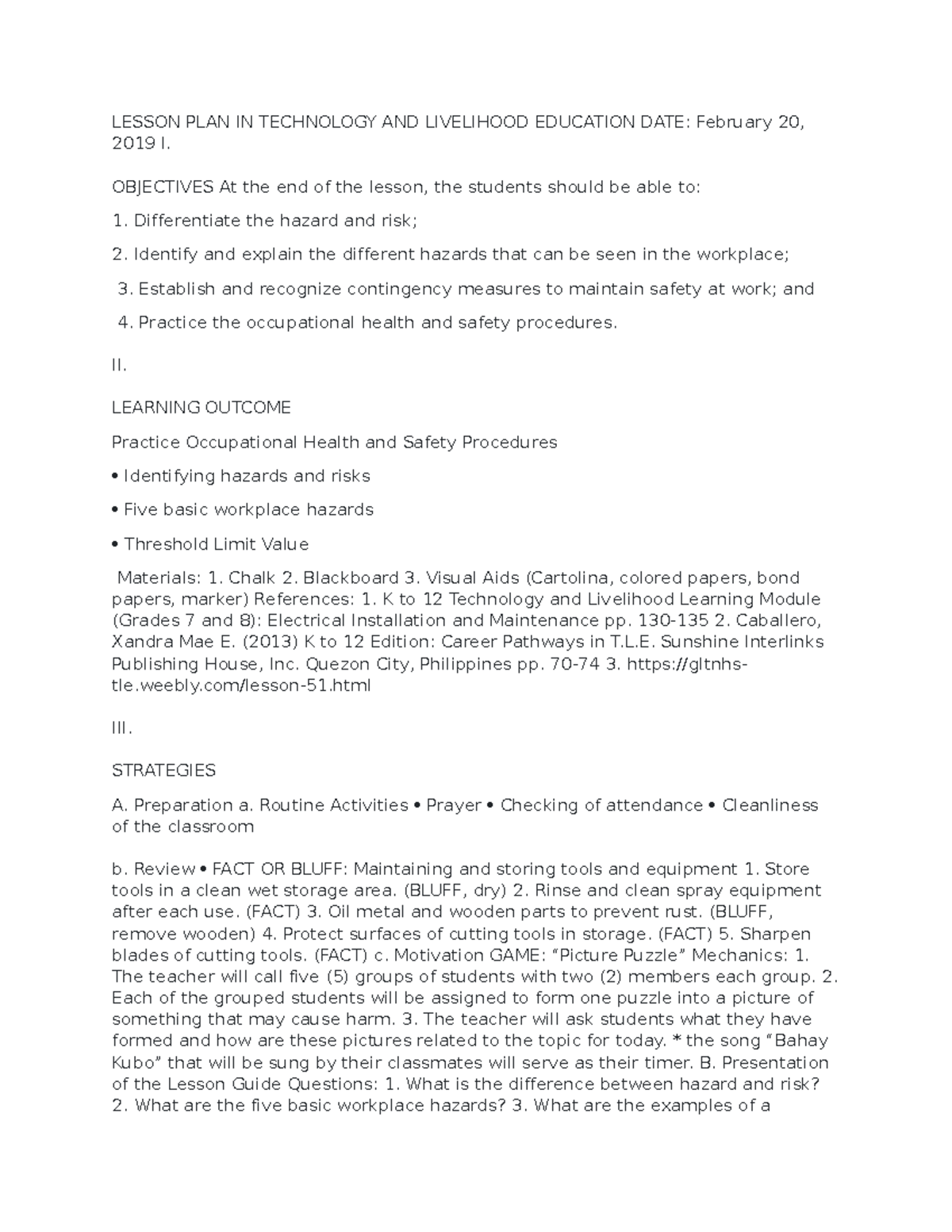 DLP 1 - haDKJLASJBDMSHA - LESSON PLAN IN TECHNOLOGY AND LIVELIHOOD ...