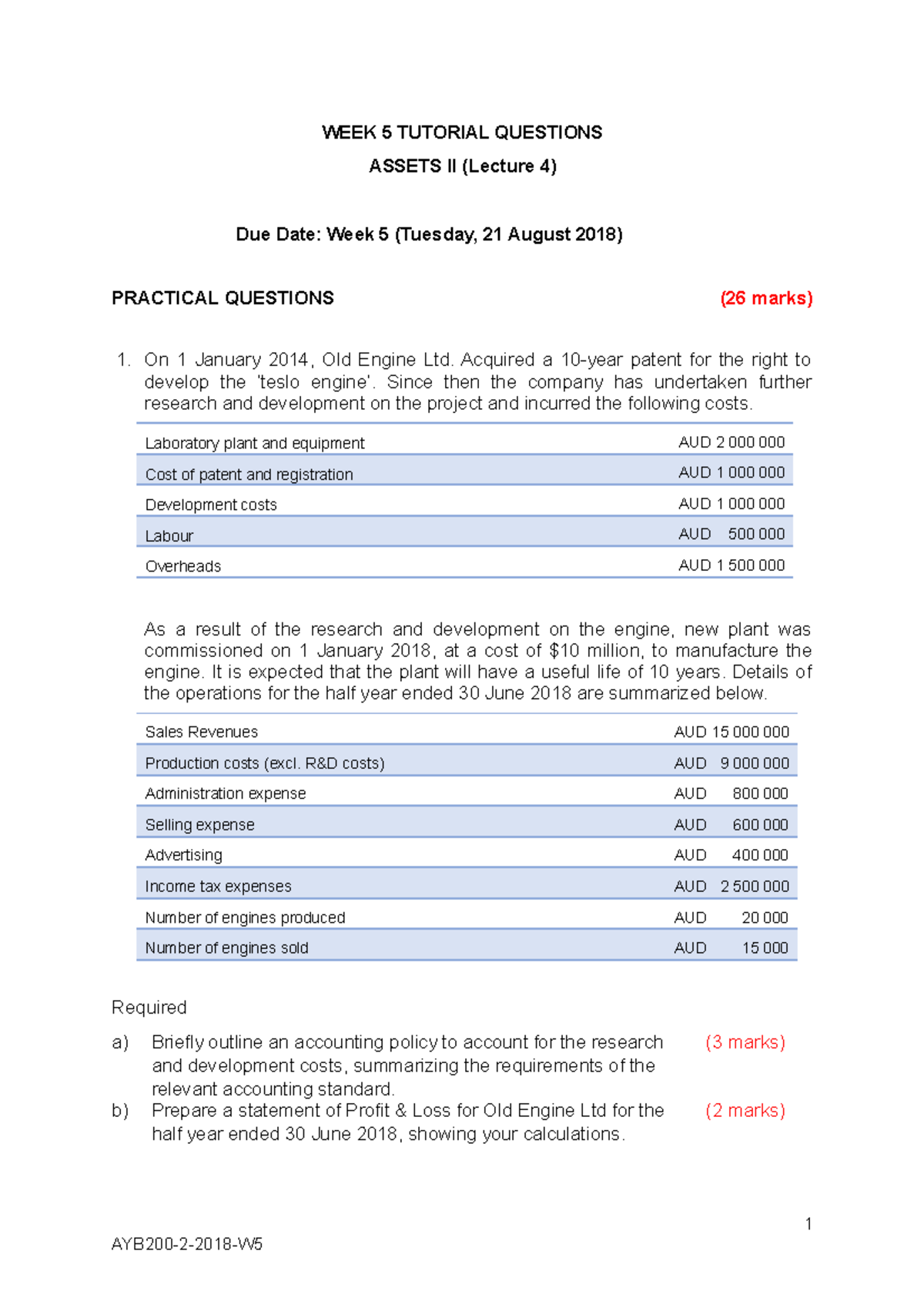 AYB200-2-2018 W5 Tutorial Questions - WEEK 5 TUTORIAL QUESTIONS ASSETS II (Lecture 4) Due Date ...