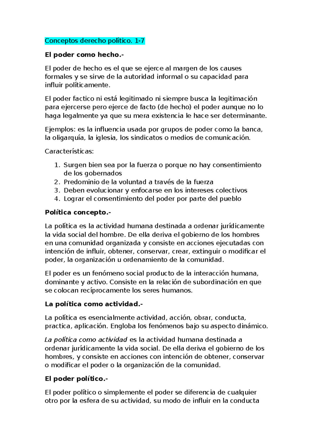 Libre politicvo - Conceptos derecho político. 1- El poder como hecho ...