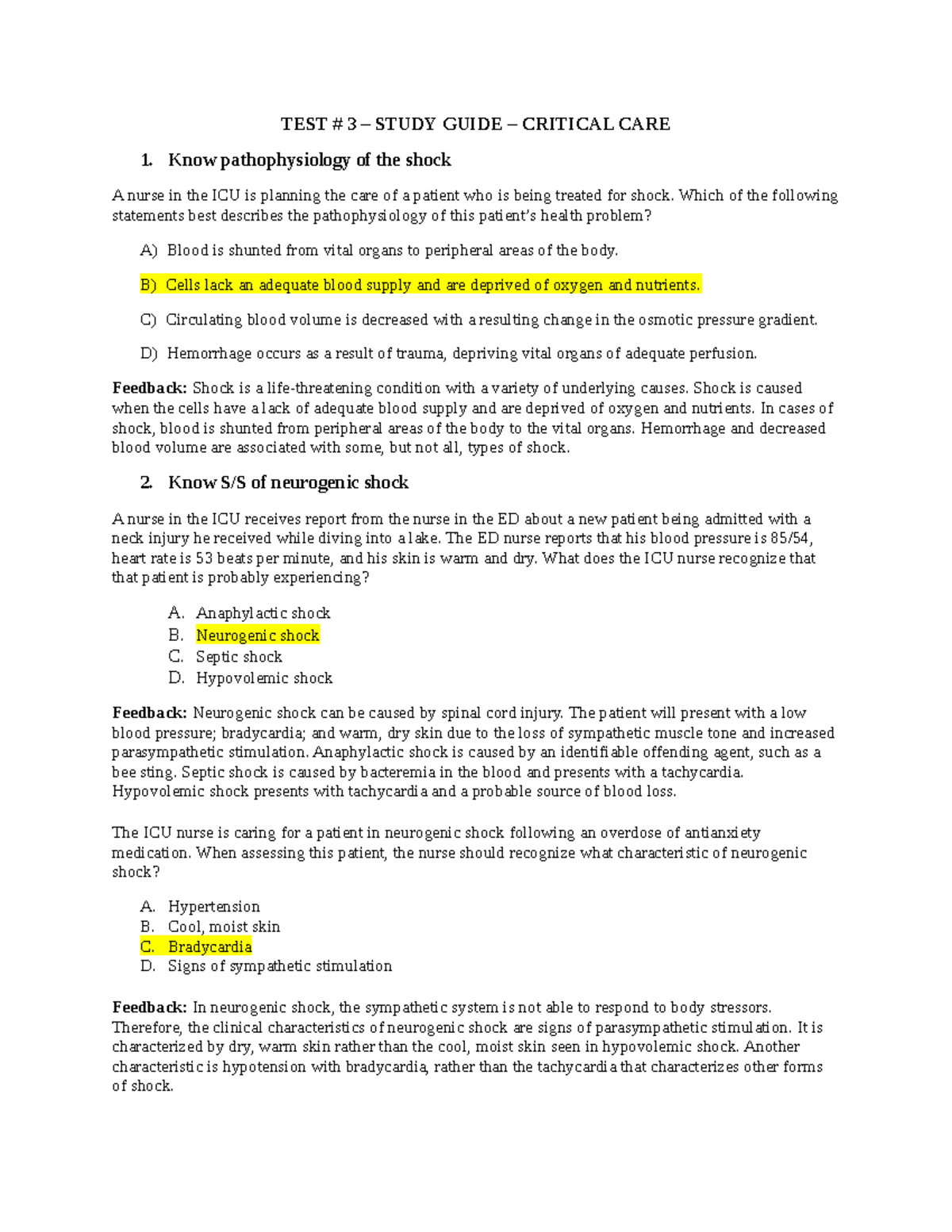 Study Guide TEST 3 Critical CARE questions - TEST # 3 – STUDY GUIDE ...
