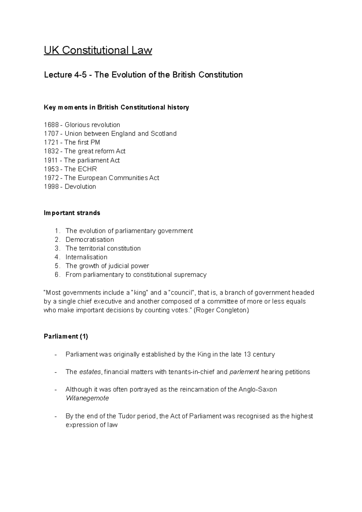 The Evolution of the British Constitution - Lecture 4-5 - UK ...