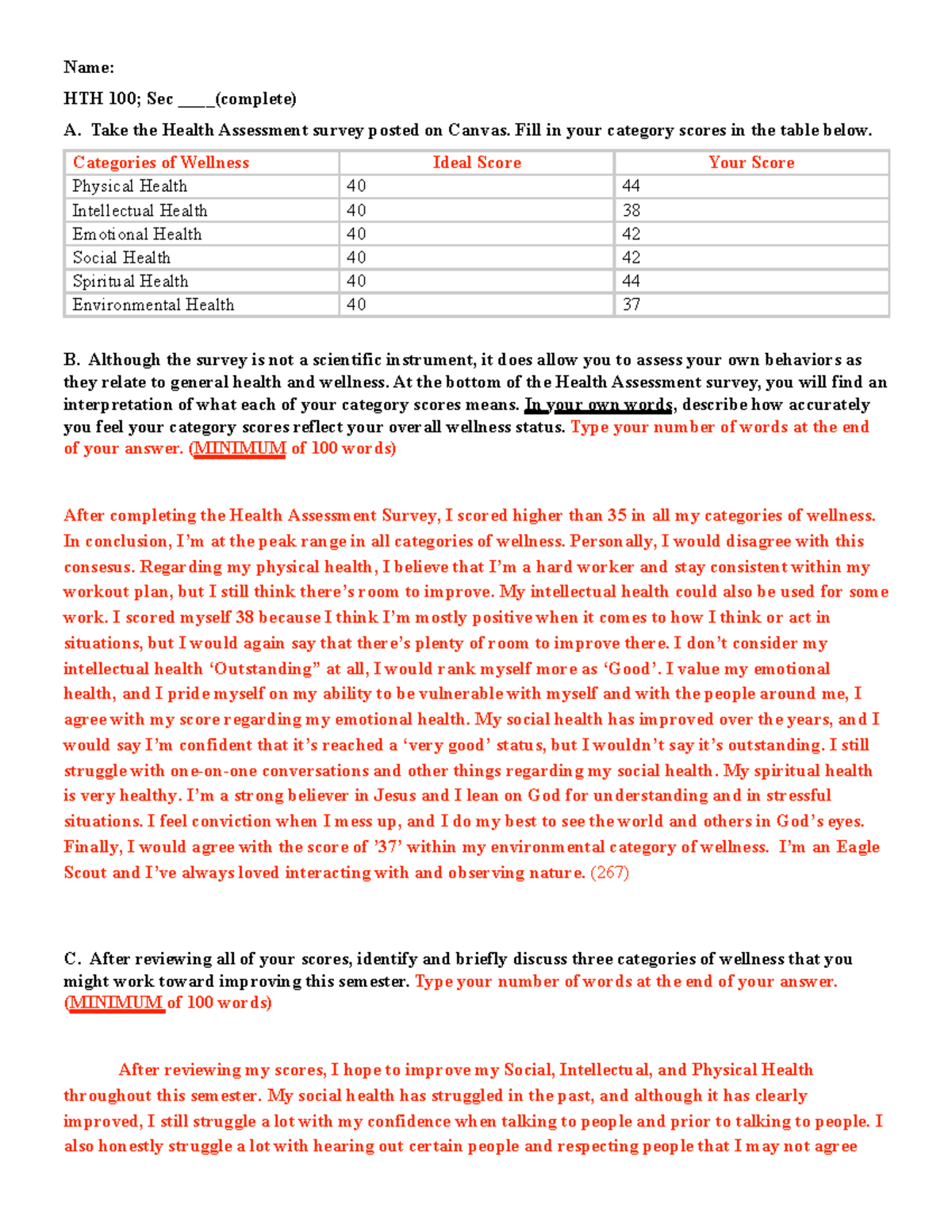 Health Assignment 1 - no no - Name: HTH 100; Sec ____(complete) A. Take ...