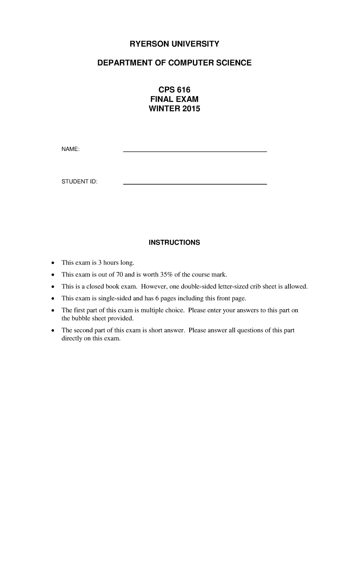 Final 07 8 January 2016, questions and answers - RYERSON UNIVERSITY ...