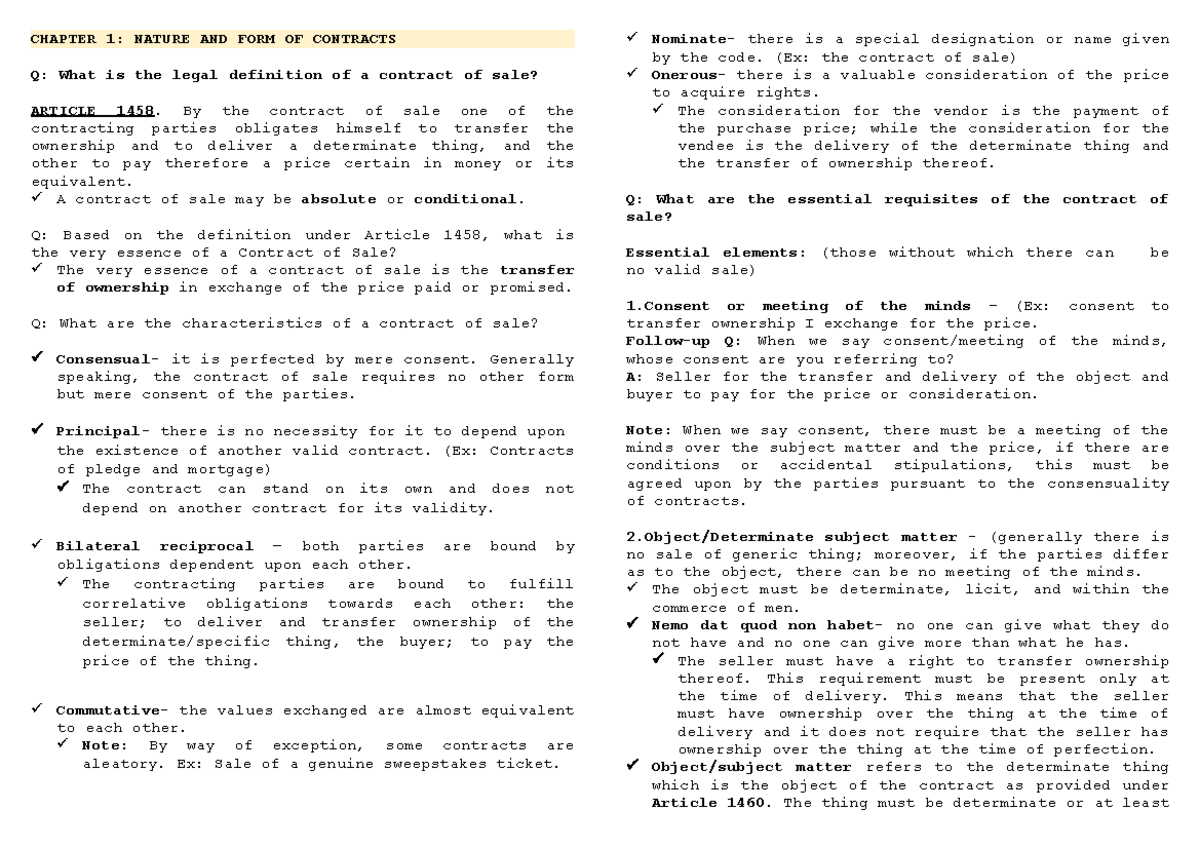 LAW-3- Notes - Law on sales - CHAPTER 1: NATURE AND FORM OF CONTRACTS Q ...