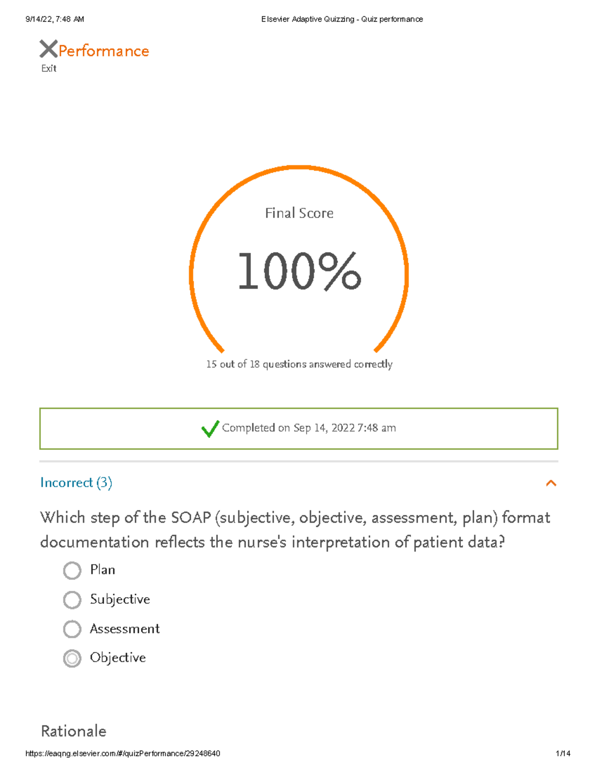 Chapter 26 Informatics Documentation intermediate - Exit Performance Final Score 100% 15 out of ...