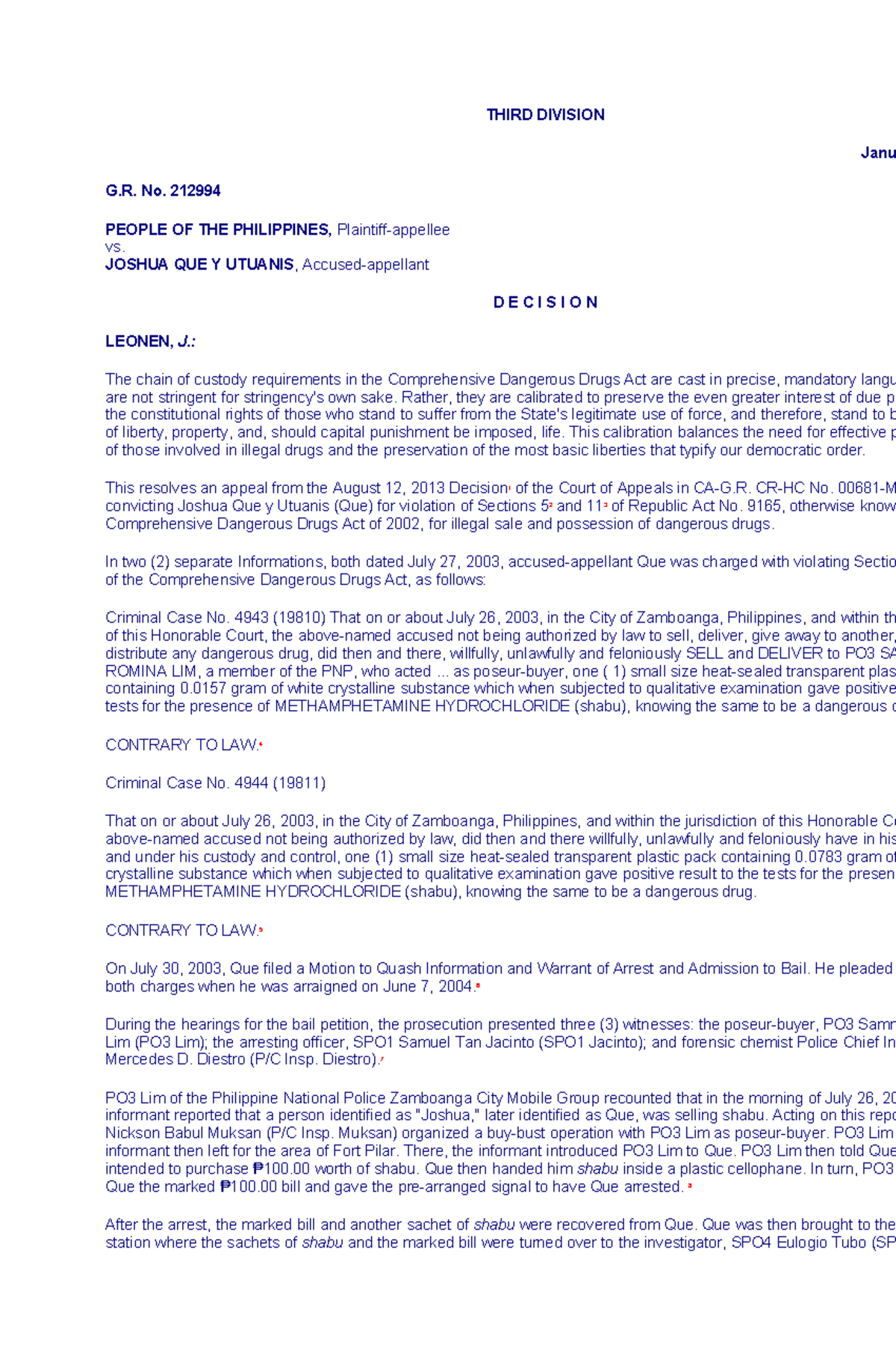 People v. Que, G.R. No. 212994 (2018 ) - THIRD DIVISION Janu G. No ...