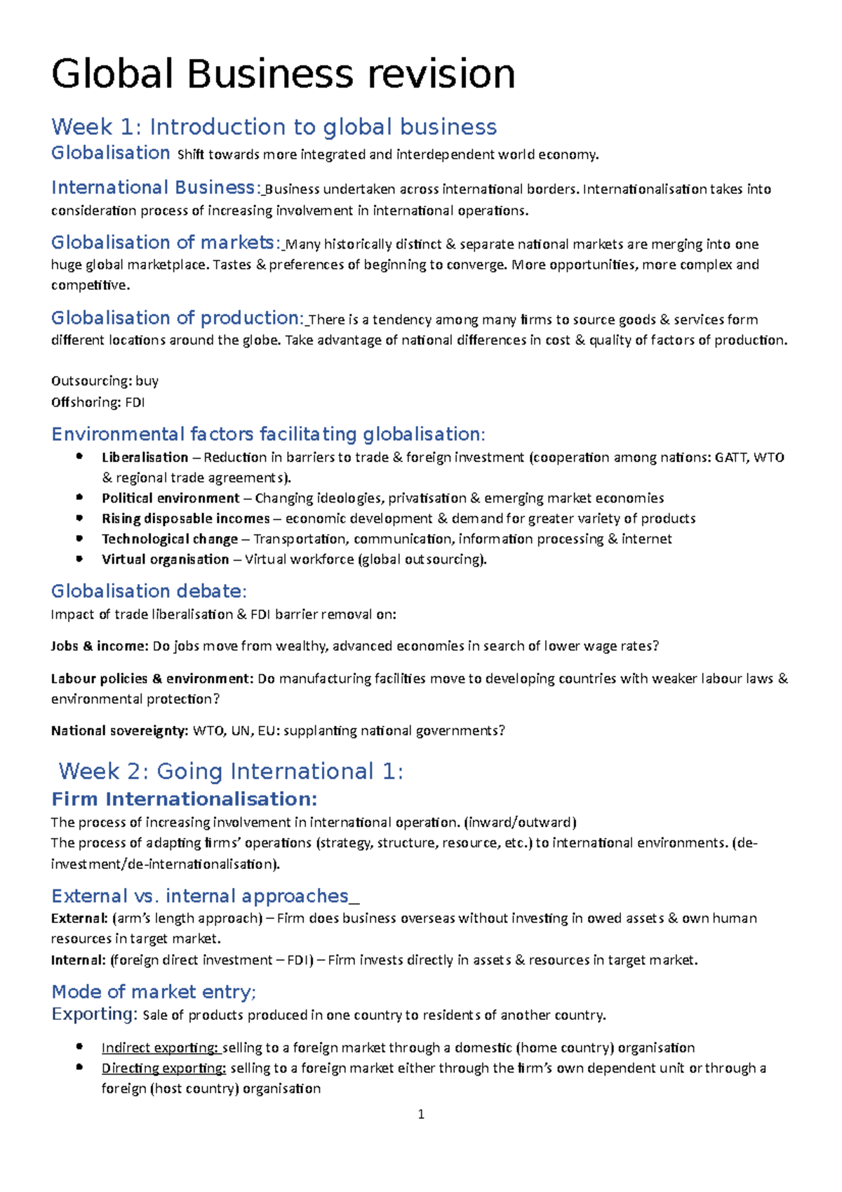 Global revision - Lecture notes 1-12 - Global Business revision Week 1 ...