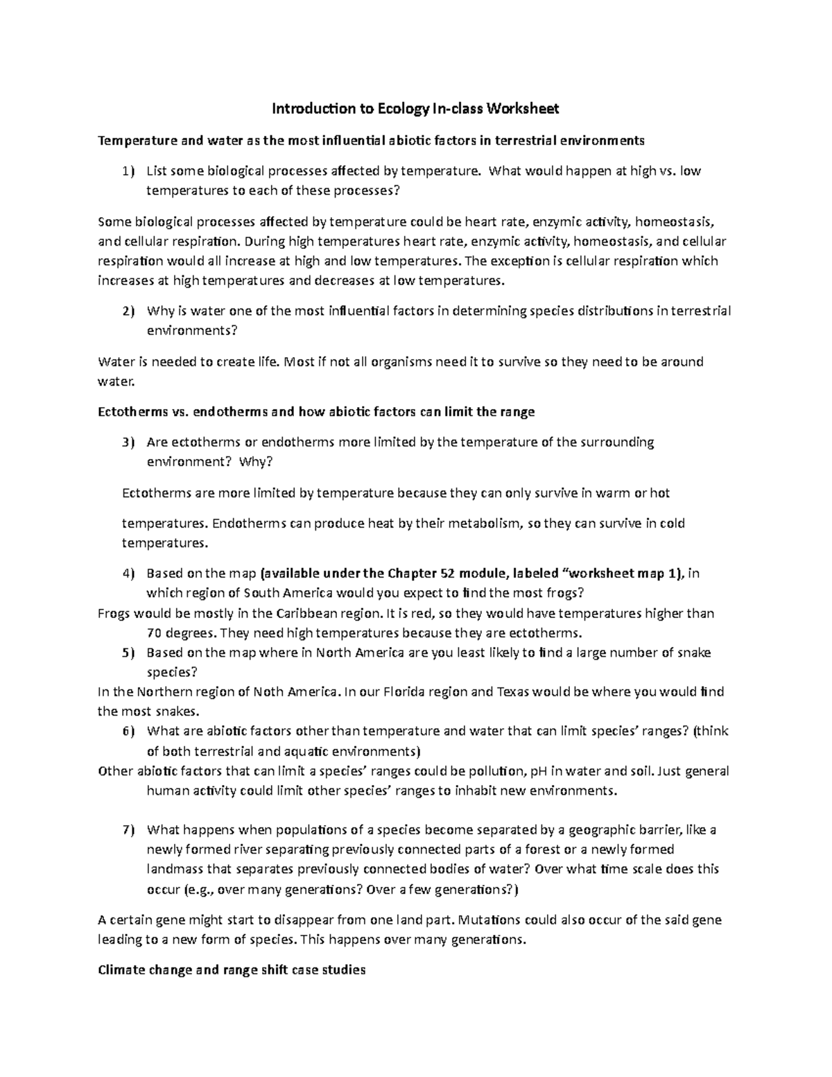 Introduction to Ecology In Class Student Worksheet S20 (1 ...