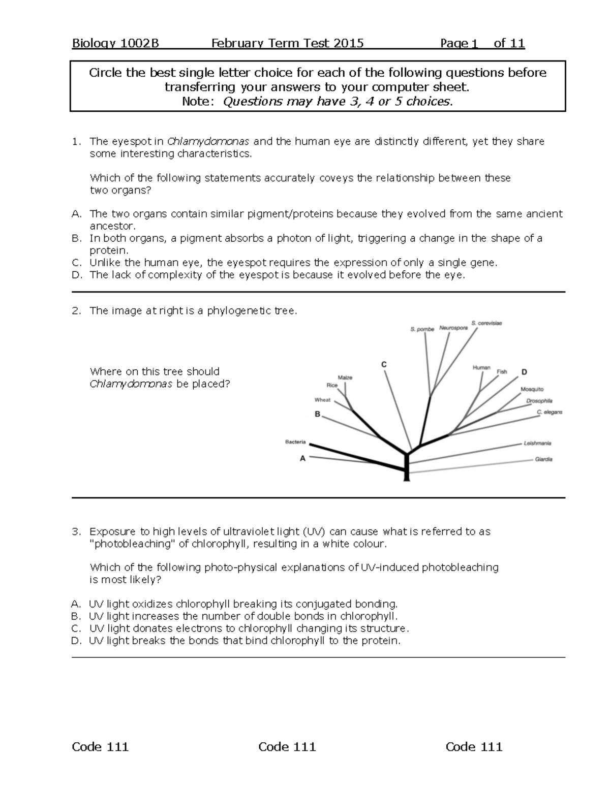 Biology 1002B Booklet - Practice Exam Set - Biology 1002B February Term ...