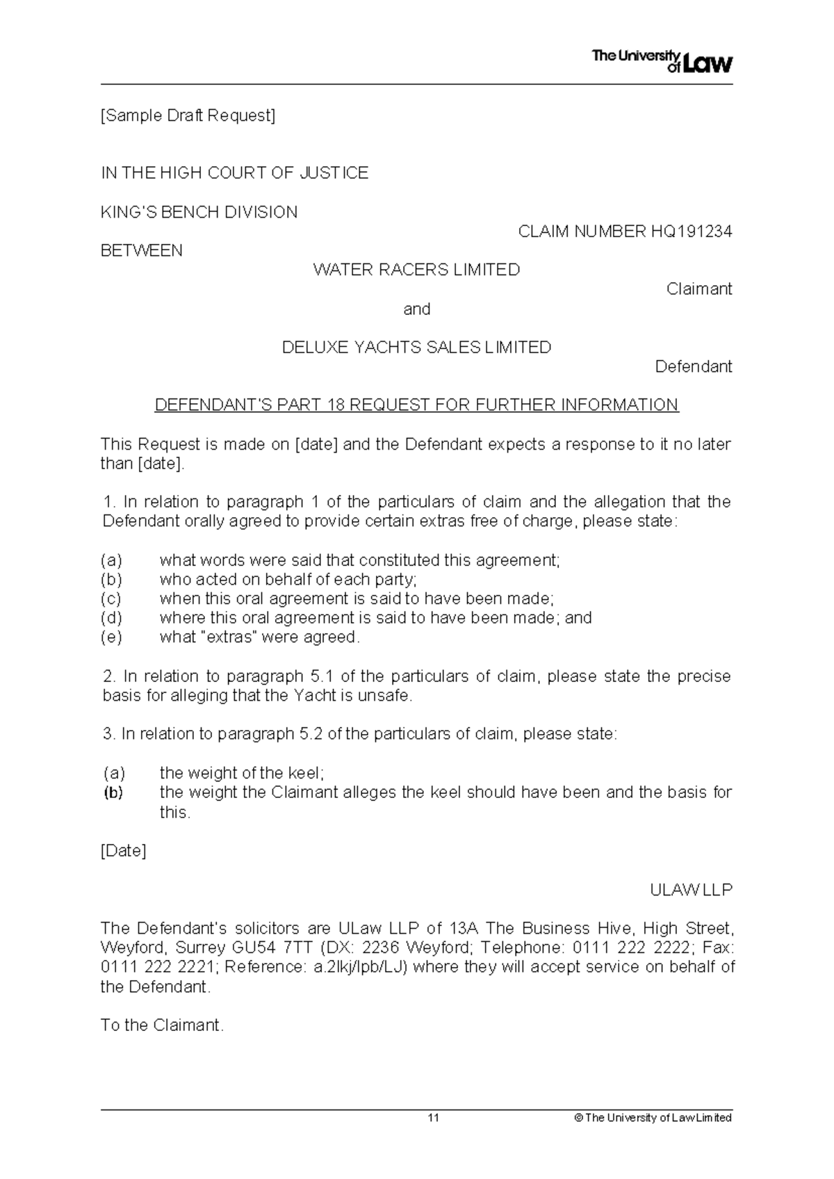 Part 18 request draft - [Sample Draft Request] IN THE HIGH COURT OF ...