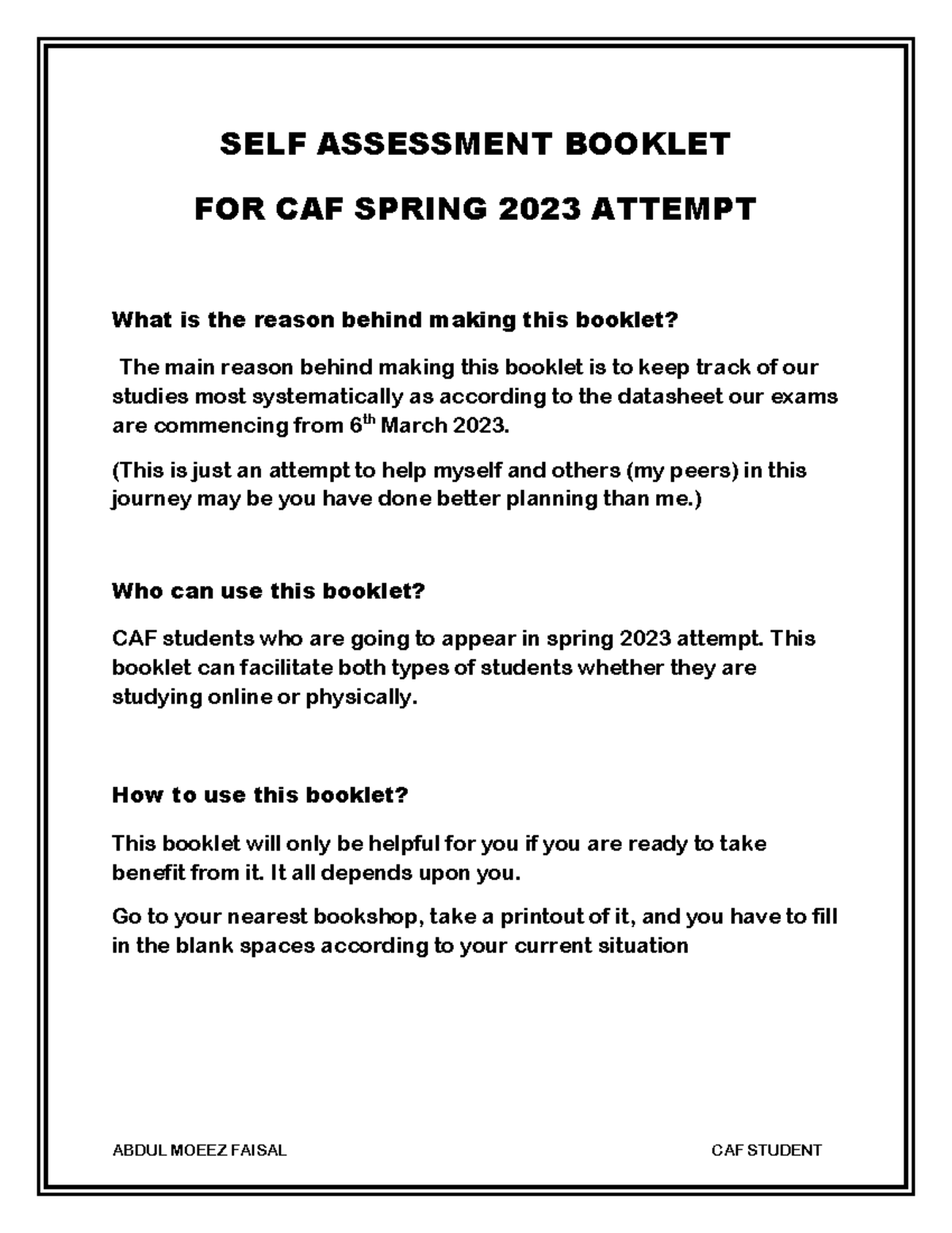Document from Professional's Legacy - SELF ASSESSMENT BOOKLET FOR CAF ...