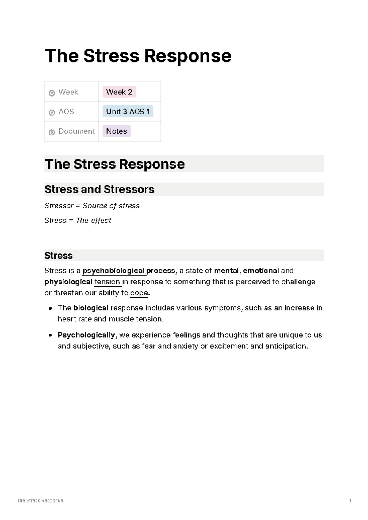 The Stress Response - Unit 3 AOS 1 - The Stress Response Week Week 2 ...