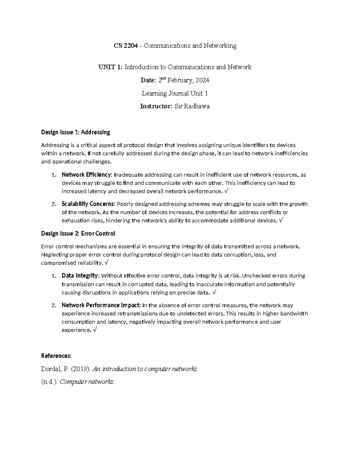 CS 2204 Learning Journal Unit 1 - CS 2204 - Communications and Networking UNIT 1: Introduction ...