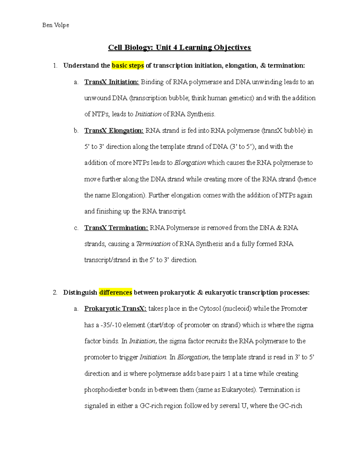 Unit 4 Learning Objectives Study Guide - Cell Biology: Unit 4 Learning ...