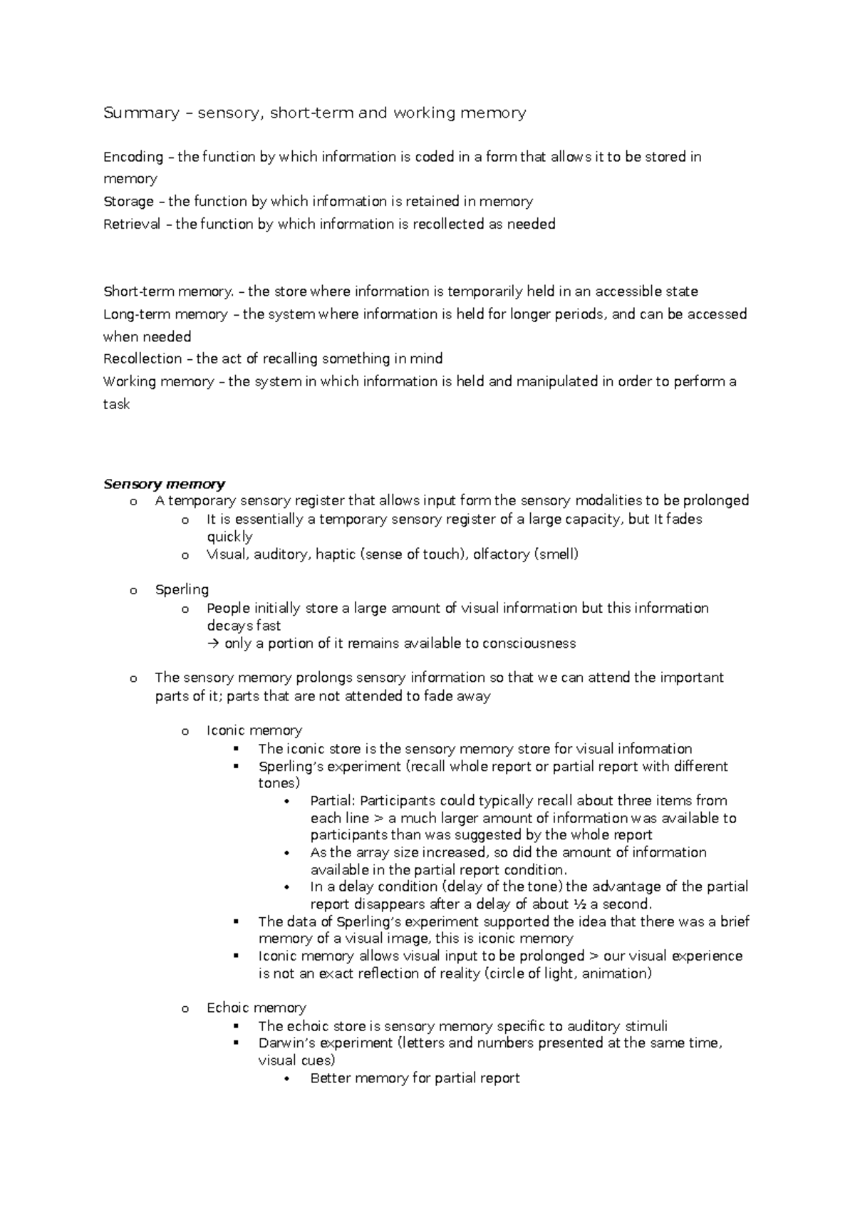 Summary - senosry, short term + working memory - Summary – sensory, short-term and working ...