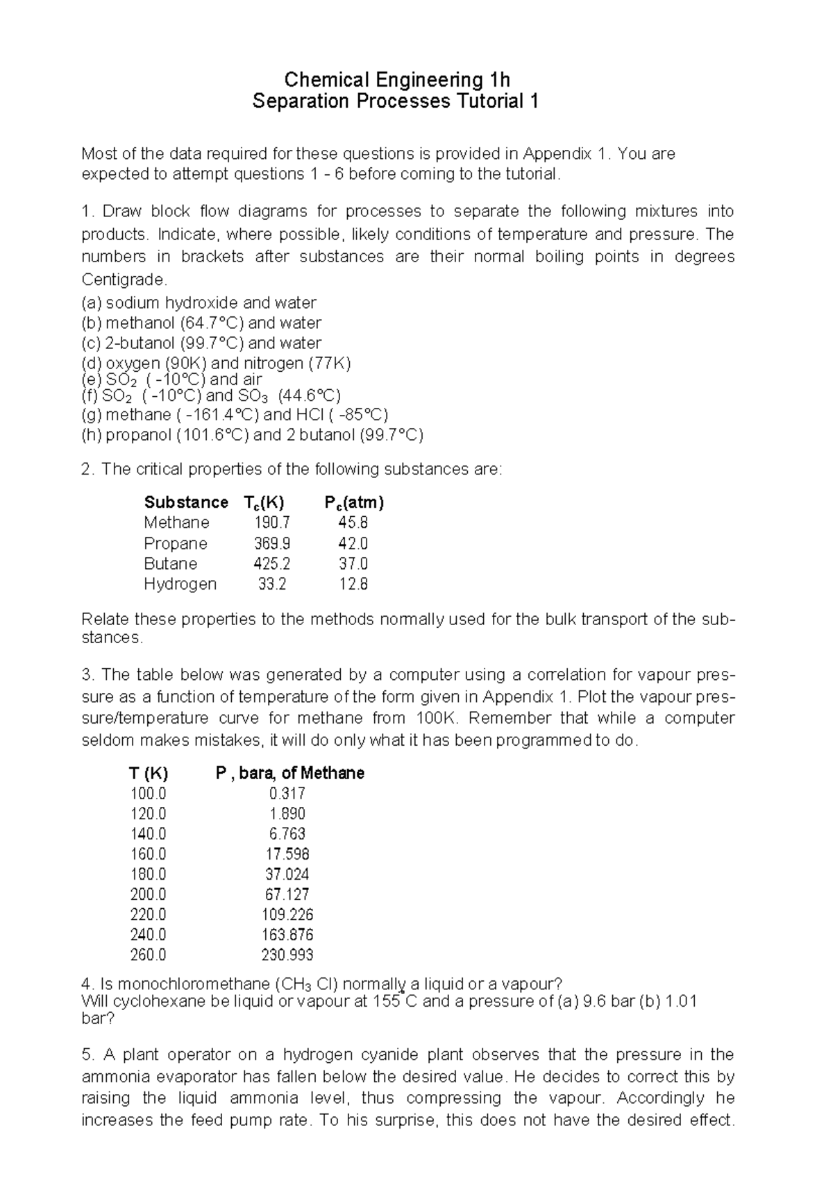 Tutorial 1 - Chemical Engineering 1h Separation Processes Tutorial 1 ...