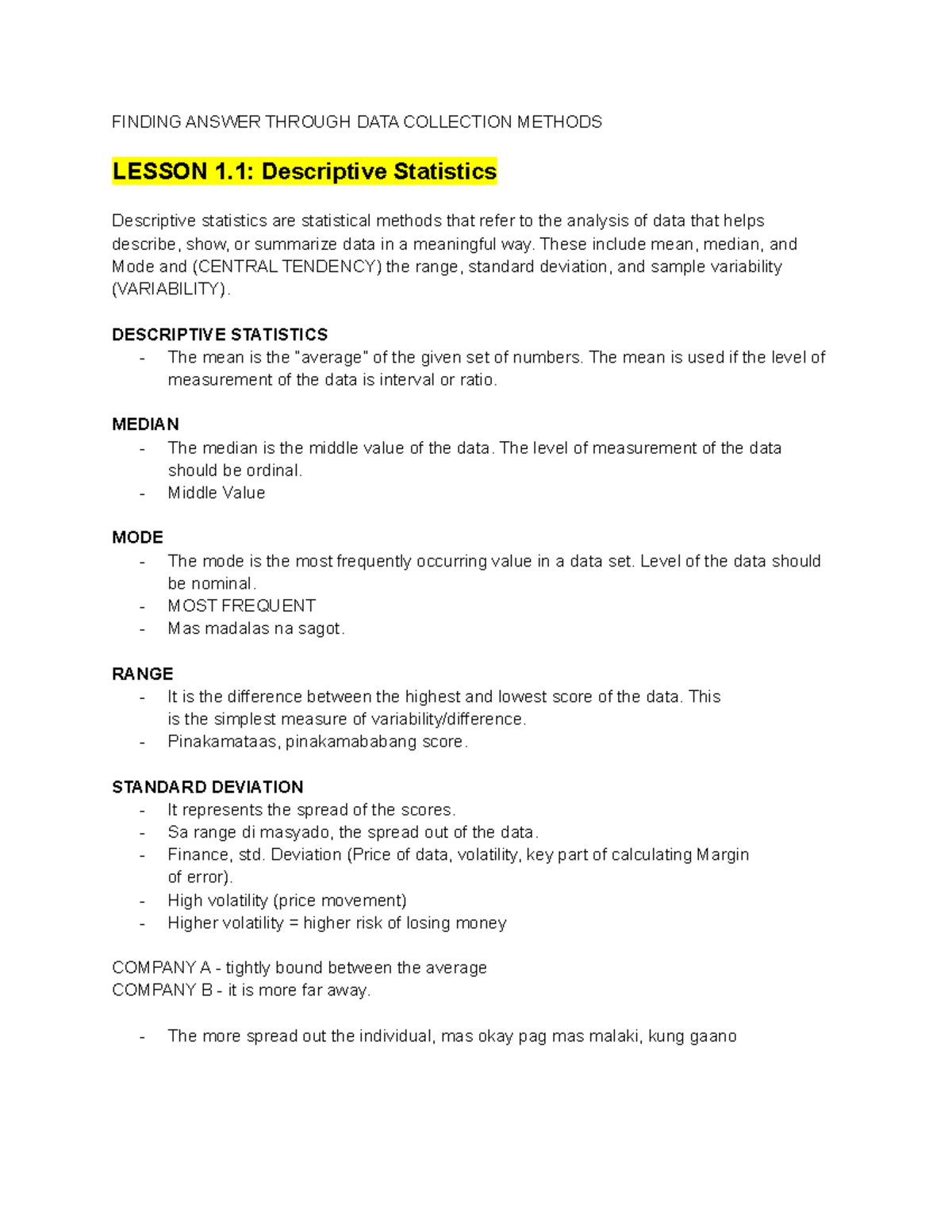 PR2 Lesson 1.1 Descriptive Statistics - FINDING ANSWER THROUGH DATA ...