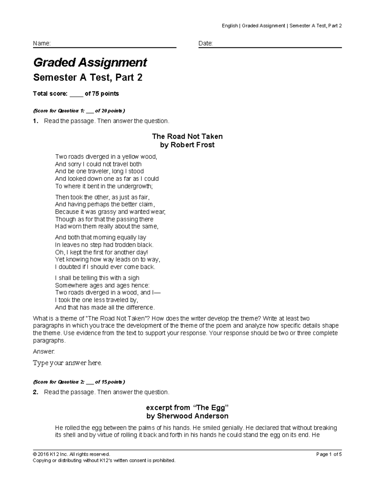 8086555 - urmom - Name: Date: Graded Assignment Semester A Test, Part 2 ...