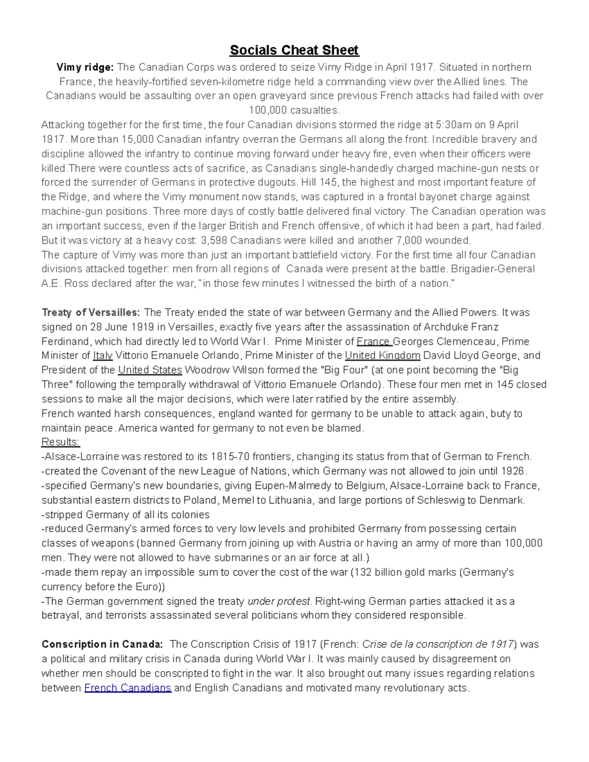 Socials Cheat Sheet - Socials Cheat Sheet Vimy ridge: The Canadian ...