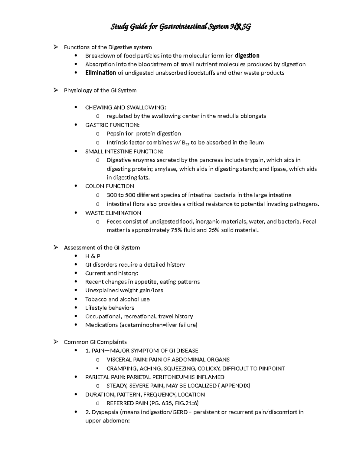 Study Guide for GI Part 1 AND 2 NRSG 102 - Functions of the Digestive ...