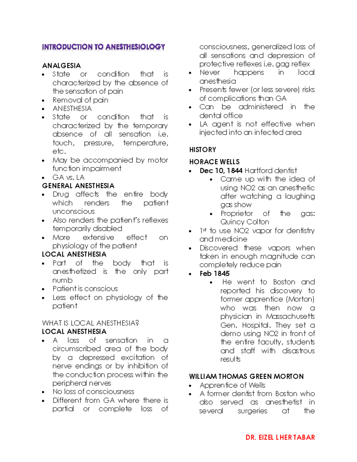 Anesthesiology final - lecture note for the whole sememester and ...