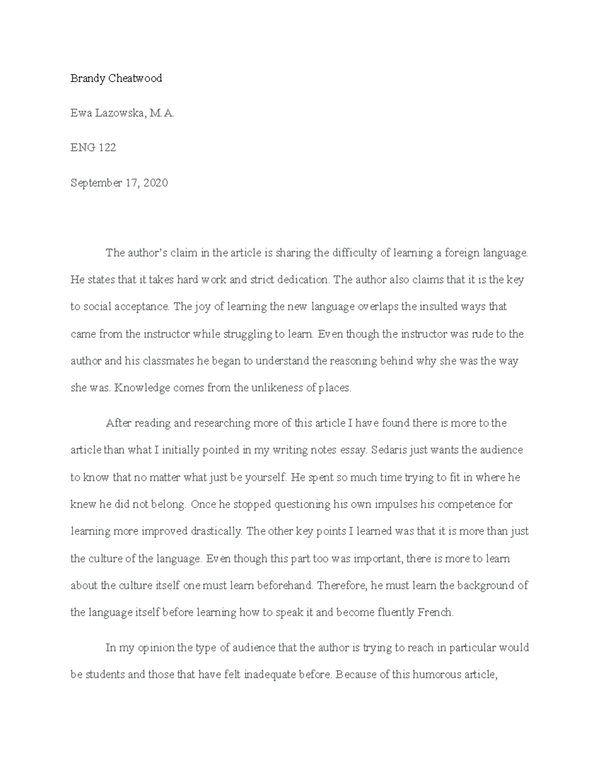 Module 3 3-4 Writing Plan - Brandy Cheatwood Ewa Lazowska, M. ENG 122 ...