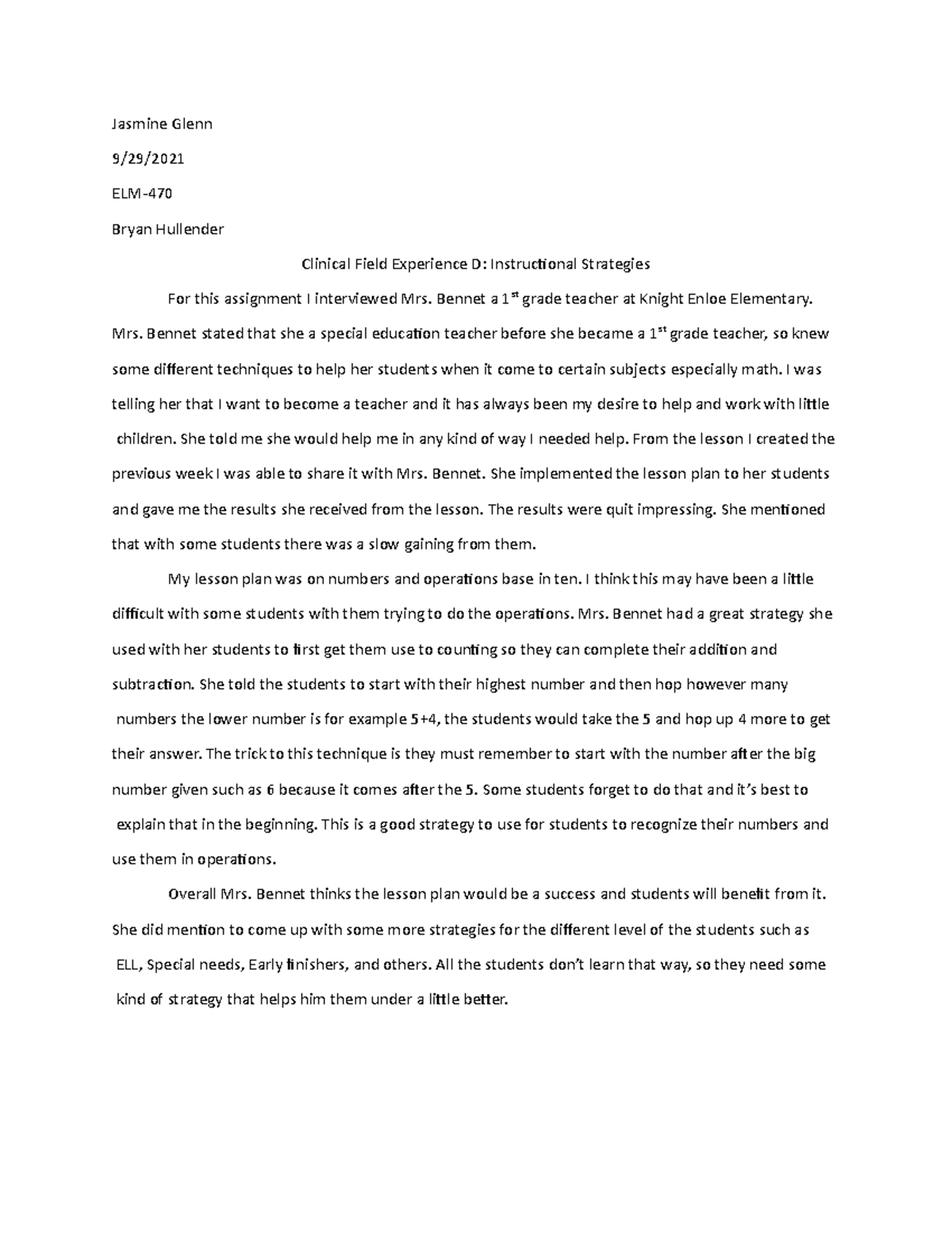 Clinical Field Experience D Instructional Strategies - ELM-470 - GCU ...