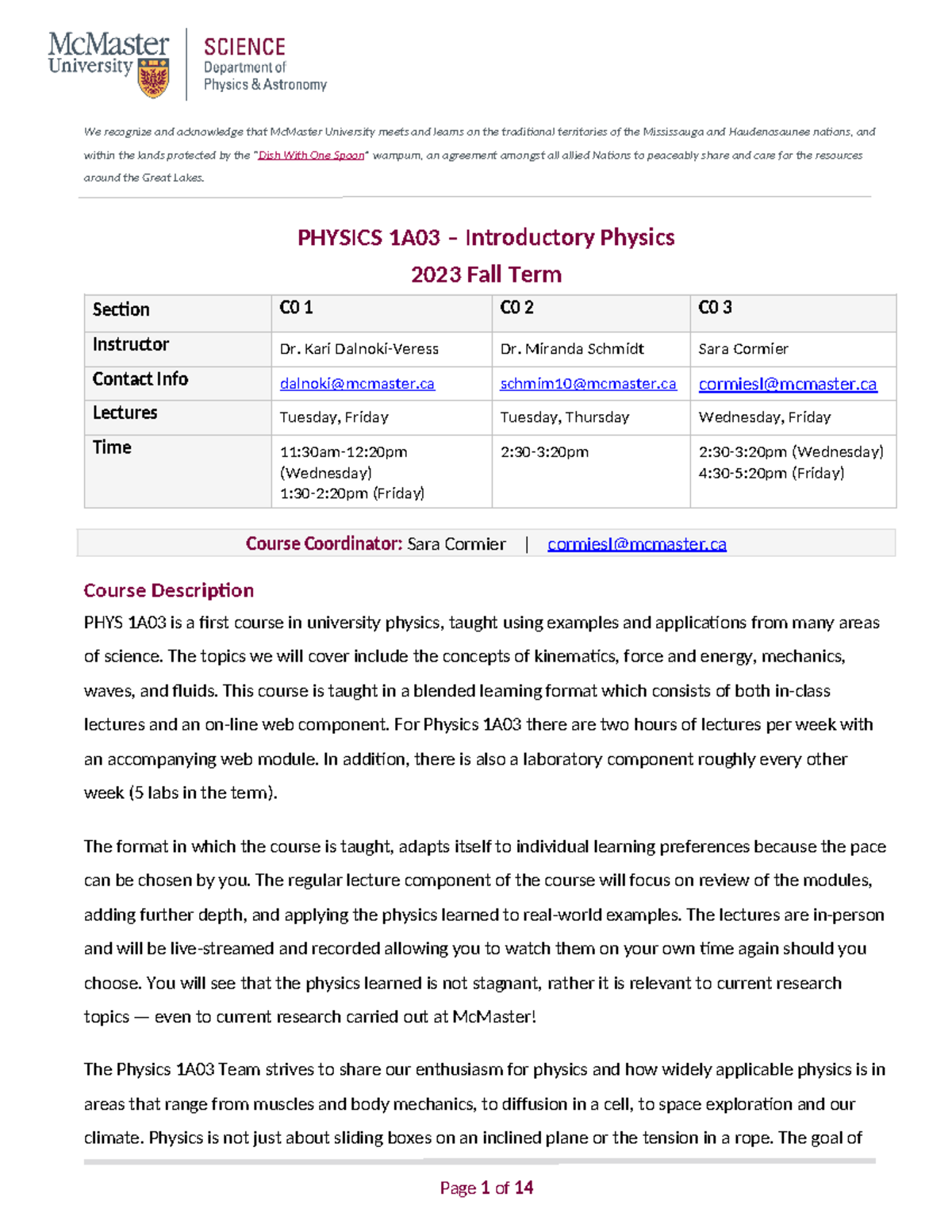 P Hysics 1A03 – Introductory Physics - F2023 v3 Aug 29 - We recognize ...