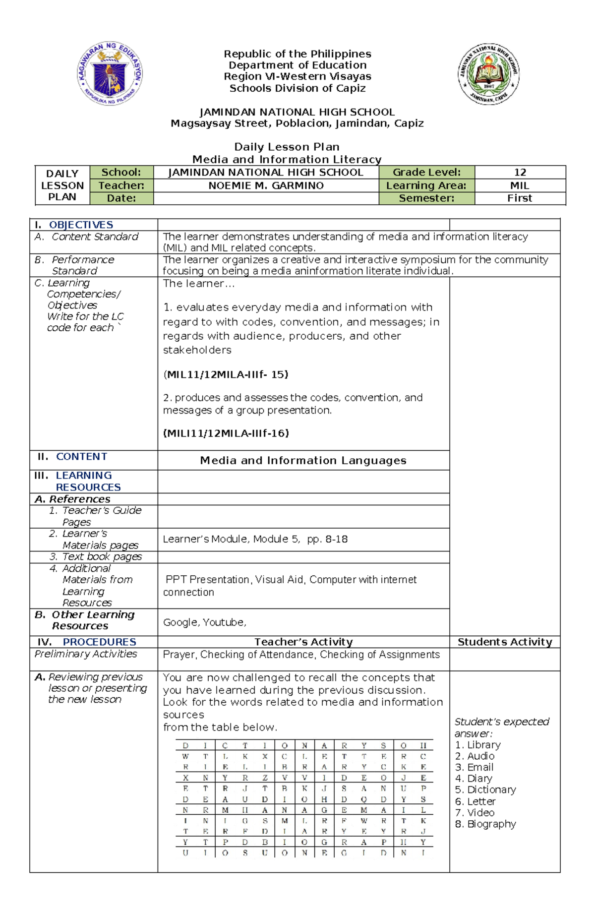 DLP-MIL-Module 5 - Daily Lesson Plan - Republic of the Philippines ...